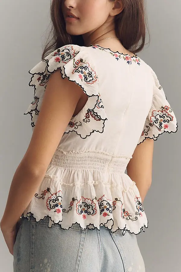Anthropologie Embroidered Flutter-sleeve Top