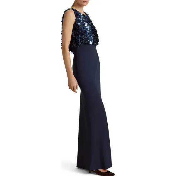 Marina Moscone Bias Dress W/ Paillette Bodice - Navy