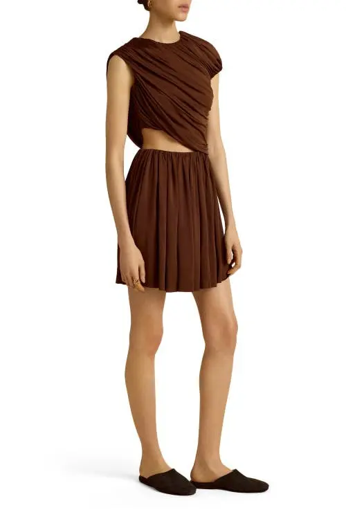 Marina Moscone Mini Gathered Draped Dress With Cap Sleeves - Umber
