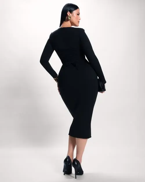 TA3 Mega Sculpting Notch Neck Long Sleeve Midi Dress - Black