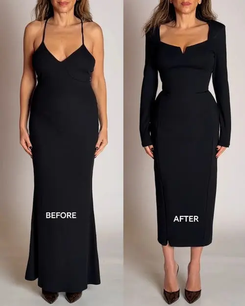 TA3 Mega Sculpting Notch Neck Long Sleeve Midi Dress