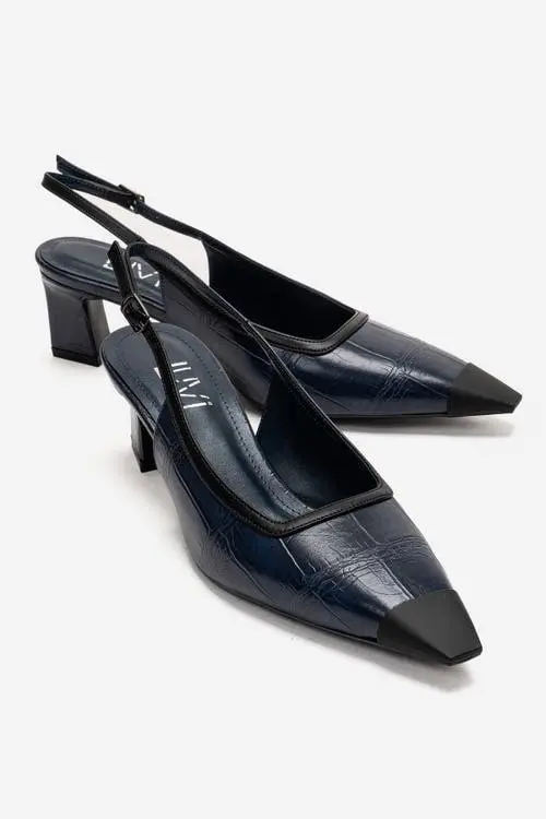 PROLOGUE SHOES Hilda Block Heel Pump - Navy Print