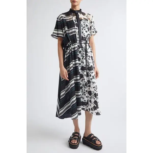 Sacai Pattern Mix Pleated Dress - White Multi