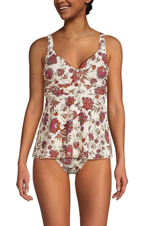 LANDS' END Sweetheart Belted Flutter Tankini - Egret White Ornate Floral