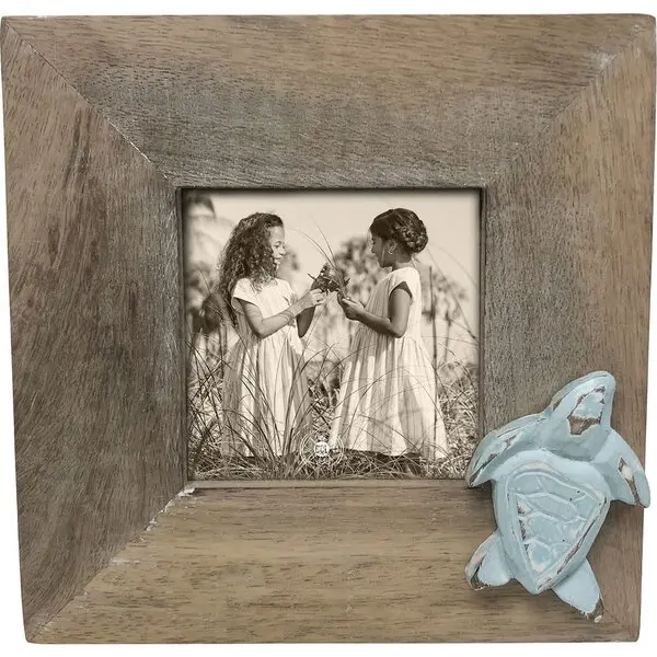 BEACHCOMBERS Whitewashed Turquoise Turtle 4x4 Picture Frame - Brown