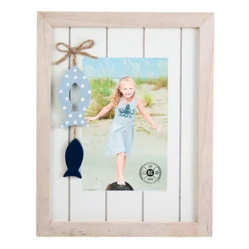 BEACHCOMBERS 4x6 Frame With 2 Hanging Fish Nautical Photo Frame Picture Holder - Beige