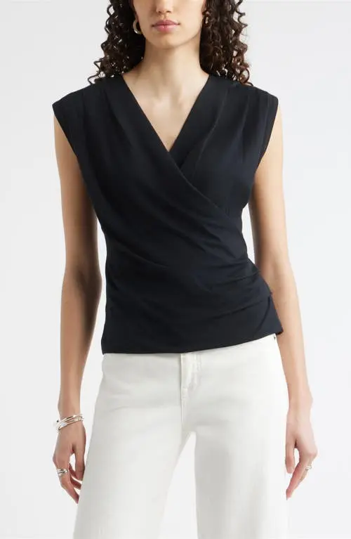 Nordstrom Pleated Faux Wrap Cap Sleeve Top - Black