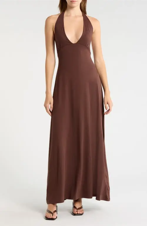 PACSUN Alexa Plunge Halter Neck Midi Dress - Brown