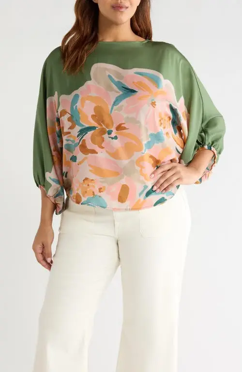 Wit & Wisdom Abstract Floral Peasant Sleeve Top - Basil Multi