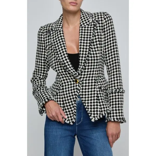 L'Agence Kaisley Fray Hem One-button Blazer - Black/ivory Diamond Tweed