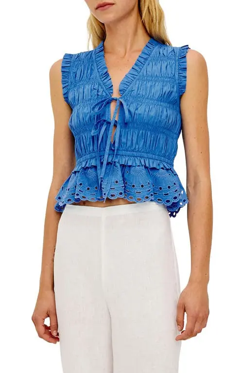 Rails Martine Eyelet Smocked Ruffle Cotton Crop Top - Harbor Blue