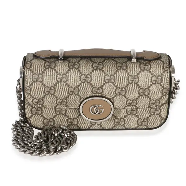 Gucci Beige Ebony Gg Supreme Senna Petite Gg Top Handle Chain Shoulder Bag - Brown