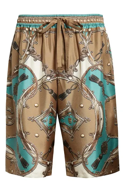 Dolce & Gabbana Cavallo Print Silk Bermuda Shorts - Corde/verdon