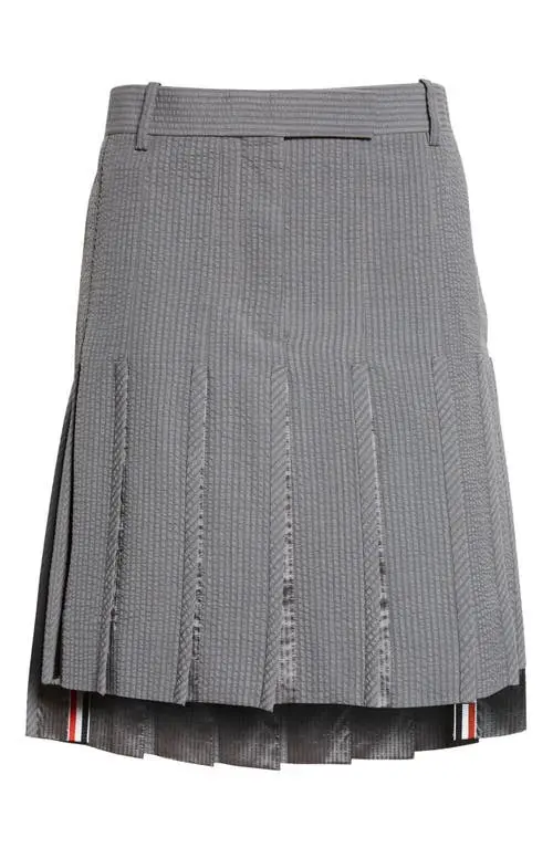 Thom Browne Pleated Low Rise Wool Seersucker Skirt - Light Grey