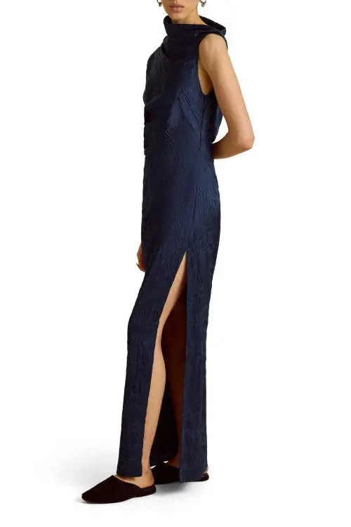 Marina Moscone Column Dress W/ Asymmetric Drape - Navy