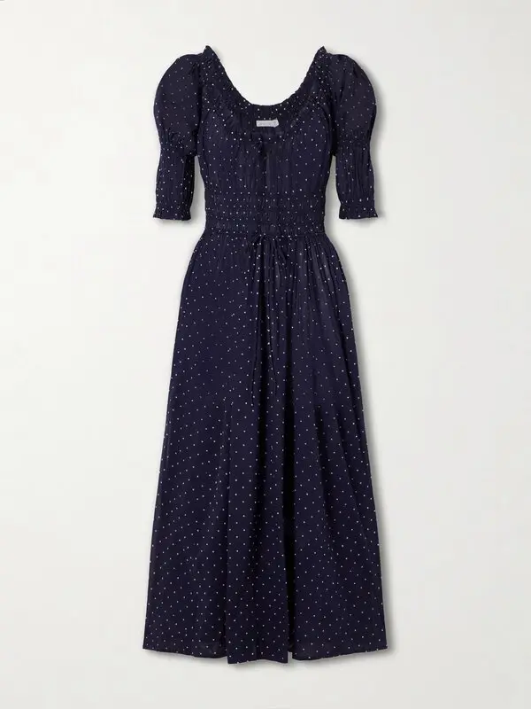 DÔEN Ischia Shirred Polka-dot Organic Cotton-voile Midi Dress - Blue