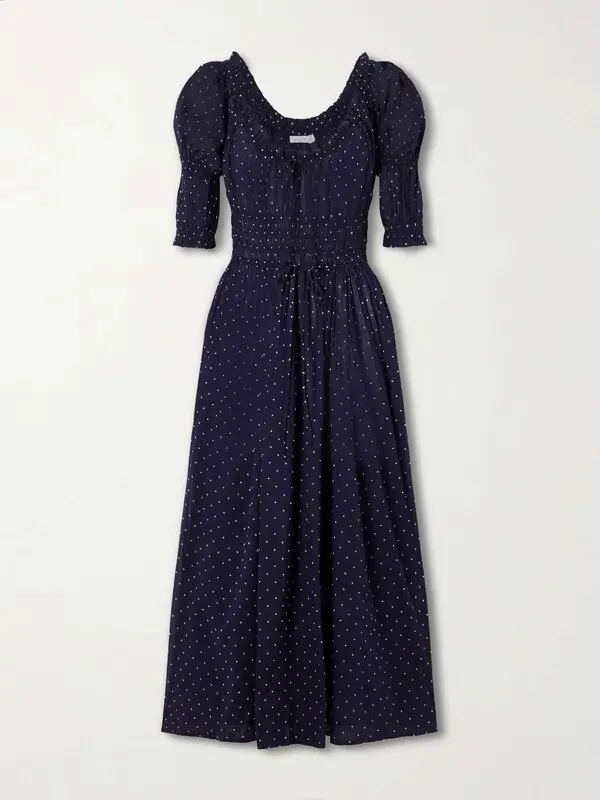 DÔEN Ischia Shirred Polka-dot Organic Cotton-voile Midi Dress - Navy