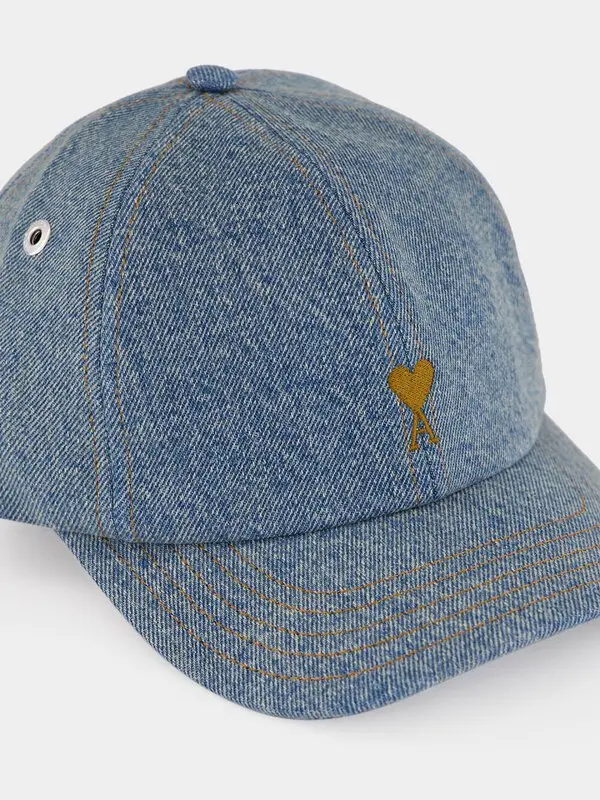 AMI Paris Denim Cap With De Coeur Embroidery - Blue