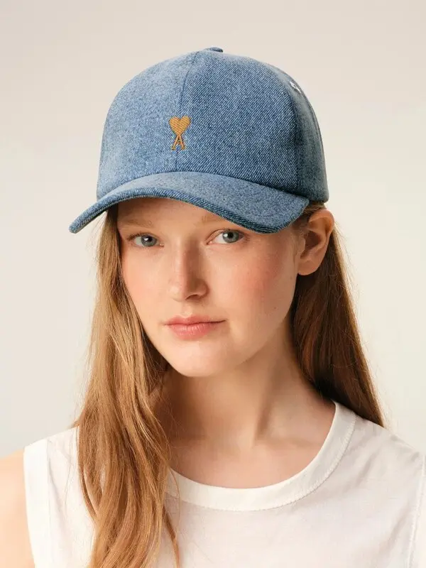 AMI Paris Denim Cap With De Coeur Embroidery - Blue