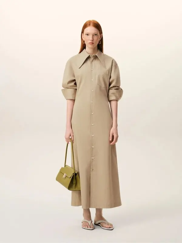 Ami Cotton Fitted Shirt Dress - Beige