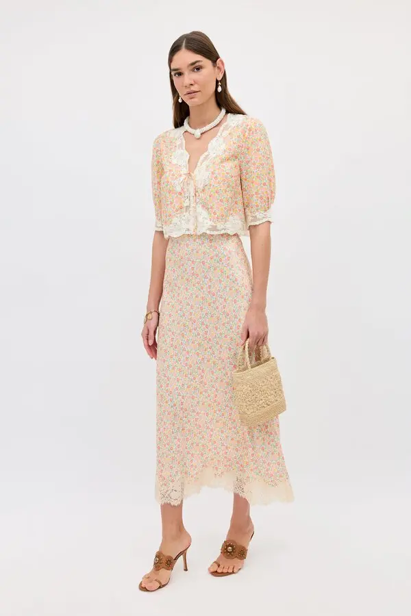 Rixo Matilde Floral Cream Midi Skirt