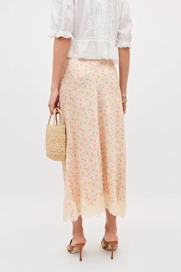 Rixo Matilde Floral Cream Midi Skirt