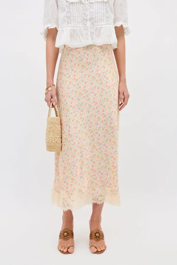 Rixo Matilde Floral Cream Midi Skirt