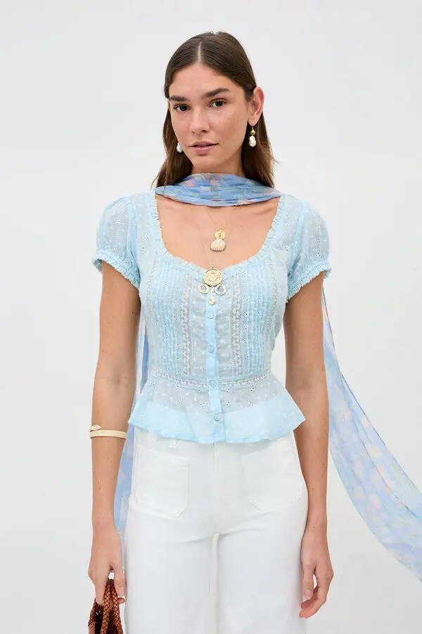 Rixo Sandi Broderie Anglaise Cotton Top - Blue
