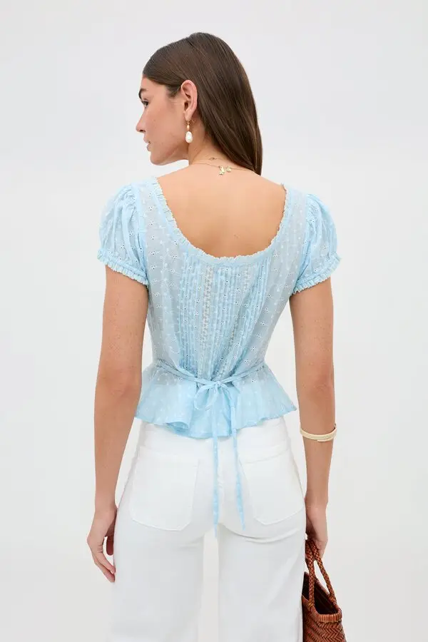 Rixo Sandi Broderie Anglaise Cotton Top - Blue