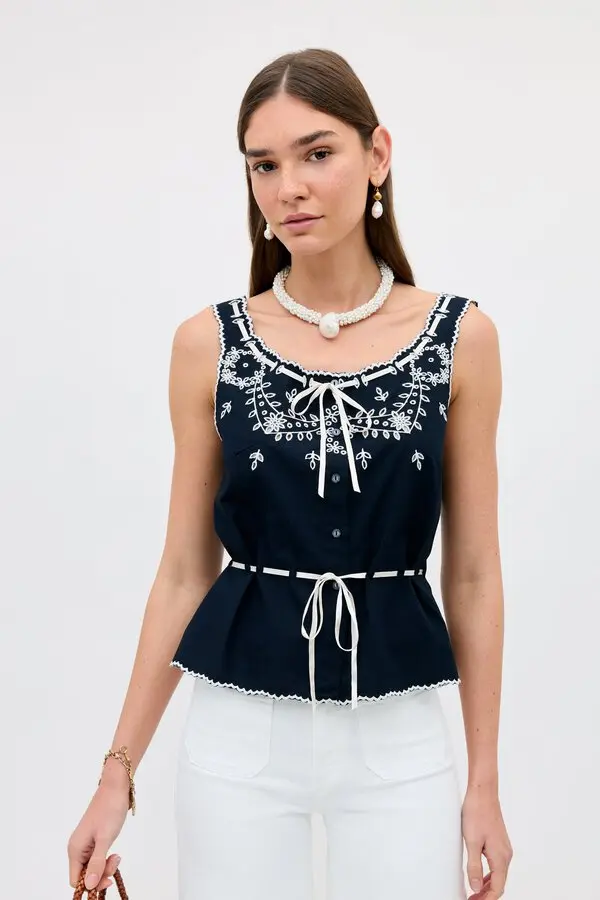 Rixo Cassara Aster Cutwork Embroidery Deep Regular - Navy