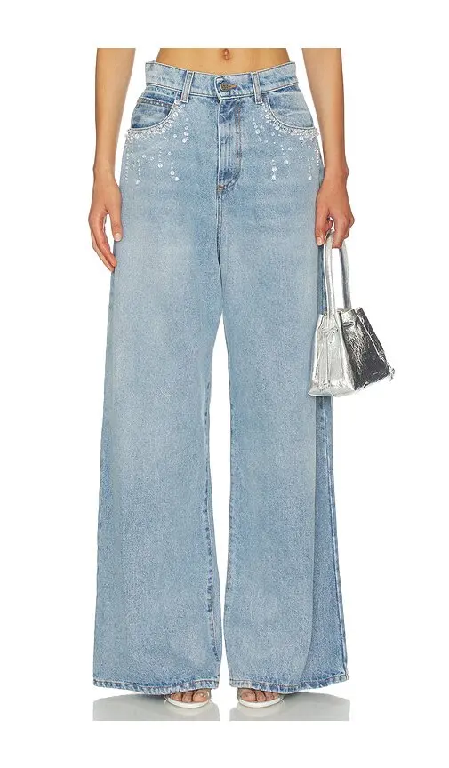 Giuseppe Di Morabito Denim Wide Leg Jeans With Rhinestone Embellishments - Blue