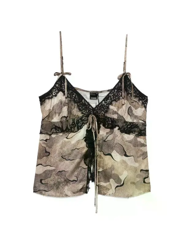 Pinko Camouflage-print Lace-trim Top - Neutrals