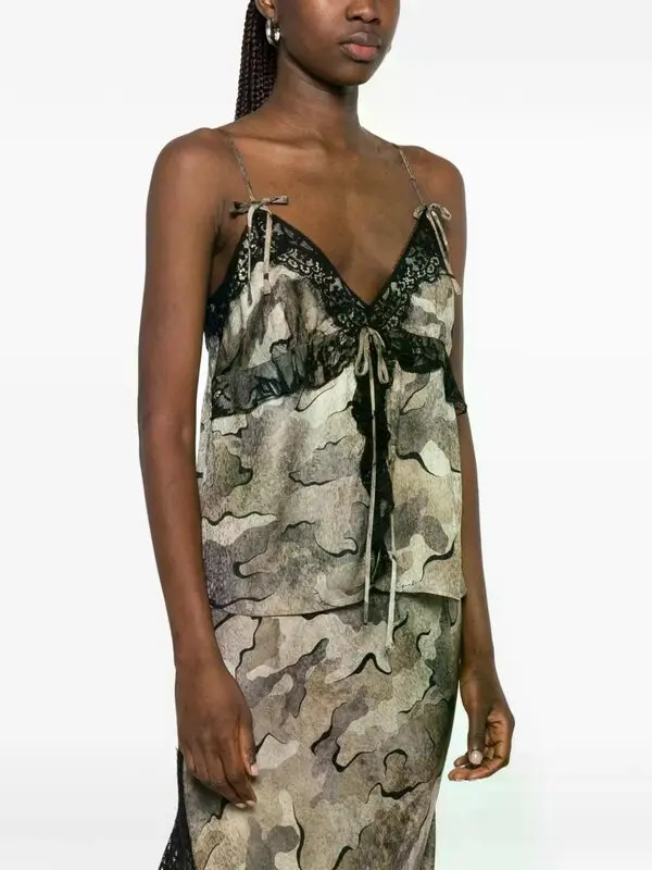 Pinko Camouflage Print Lace Trim V-neck Camisole
