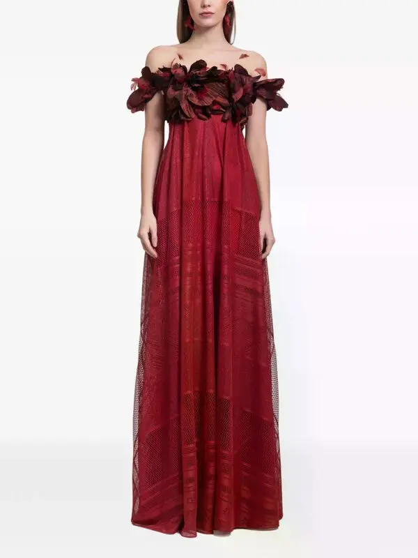 GEMY MAALOUF Off-shoulder Flower-detail Maxi Dress - Red