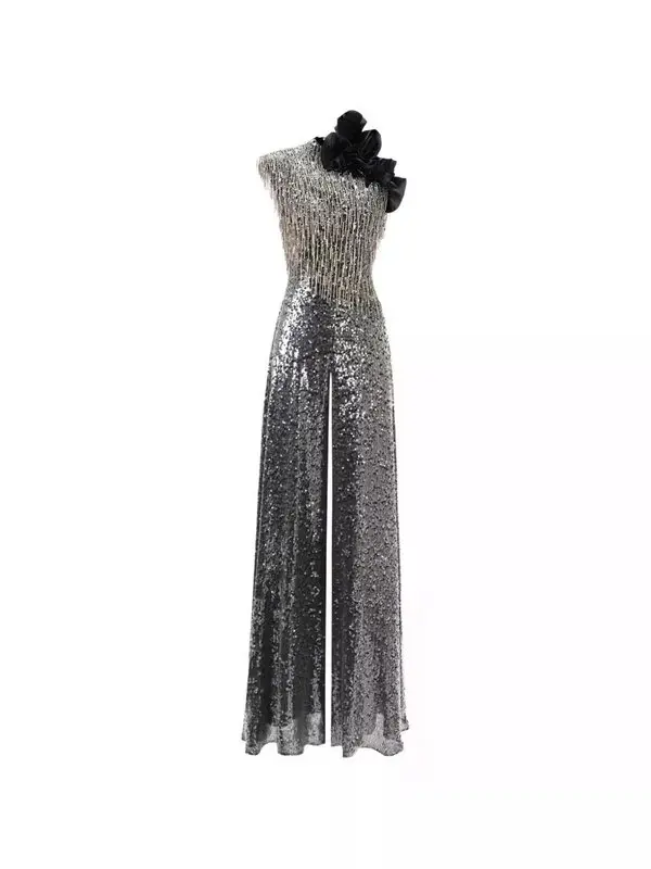 GEMY MAALOUF Embroidered Sequins Jumpsuit - Silver