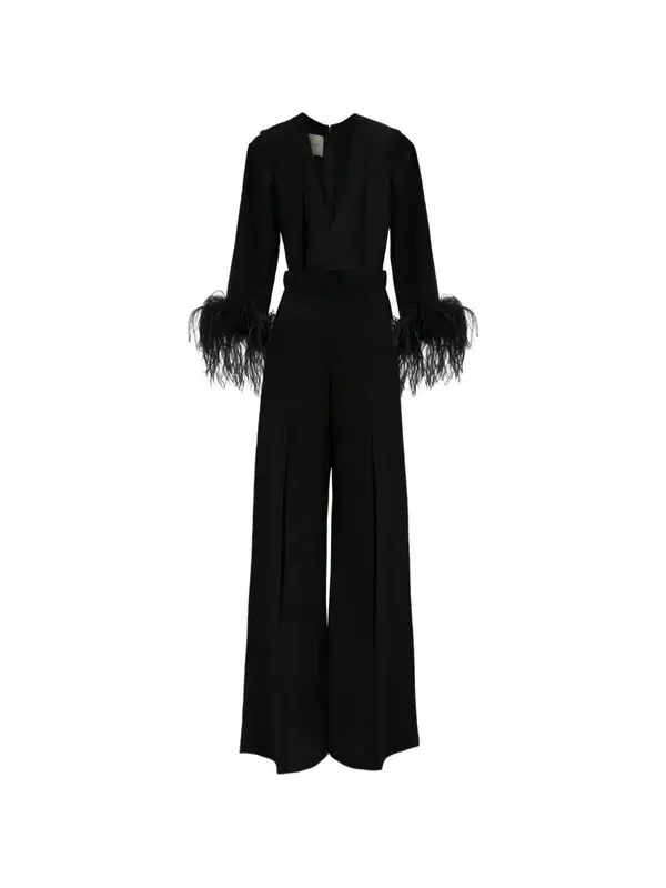 GEMY MAALOUF Feather-trim V-neckline Jumpsuit - Black