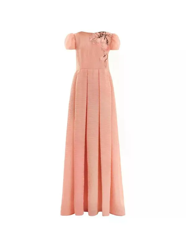 GEMY MAALOUF Floral-appliqué Pleated Maxi Dress - Orange