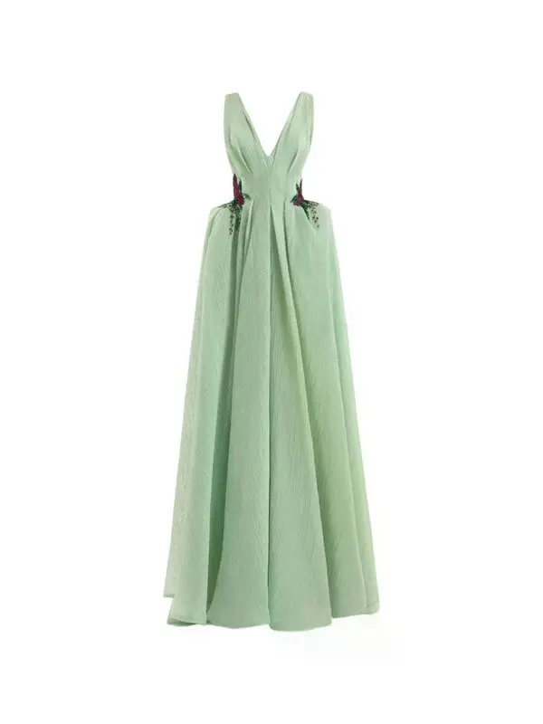GEMY MAALOUF Plunging V-neck Embroidered Maxi Dress - Green