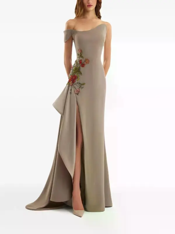 GEMY MAALOUF Off-shoulder Embroidered Maxi Dress - Neutrals