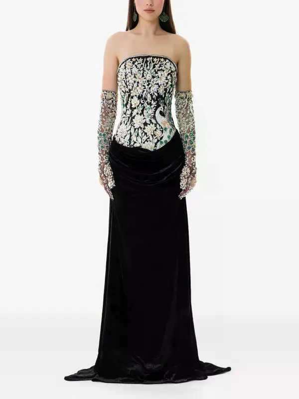 DINA MELWANI Crystal Embroidered Velvet Gown - Black