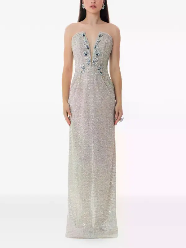 DINA MELWANI Crystal Hand-embroidered Gown - Silver