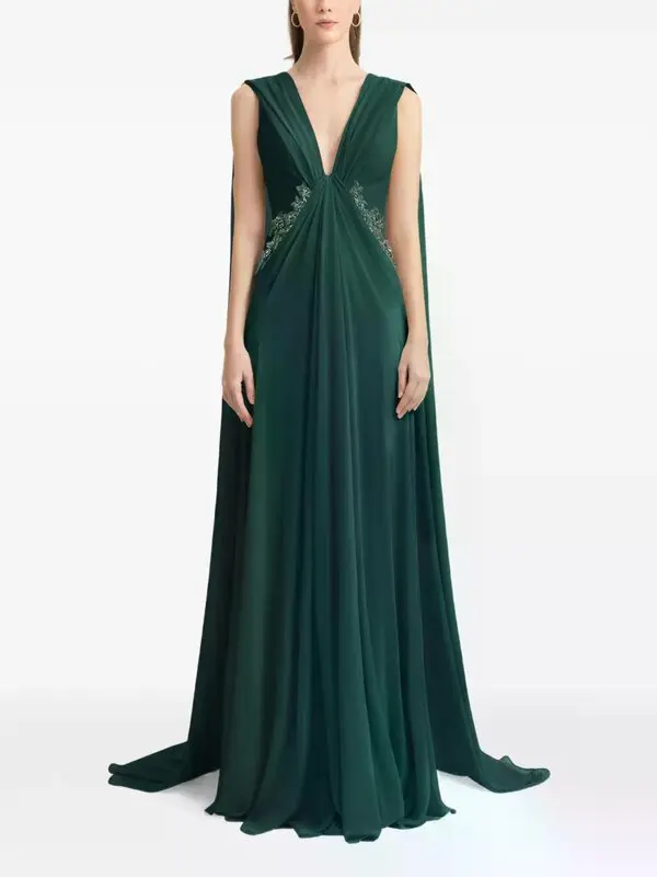 GEMY MAALOUF Draped V-neck Beaded Maxi Dress - Green