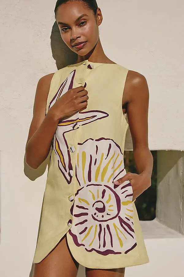 CALA DE LA CRUZ Rhoda Linen Mini Dress - Yellow Pattern