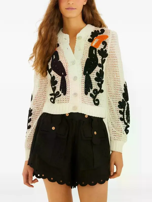 Farm Rio Toucan-motif Crochet Cardigan - White