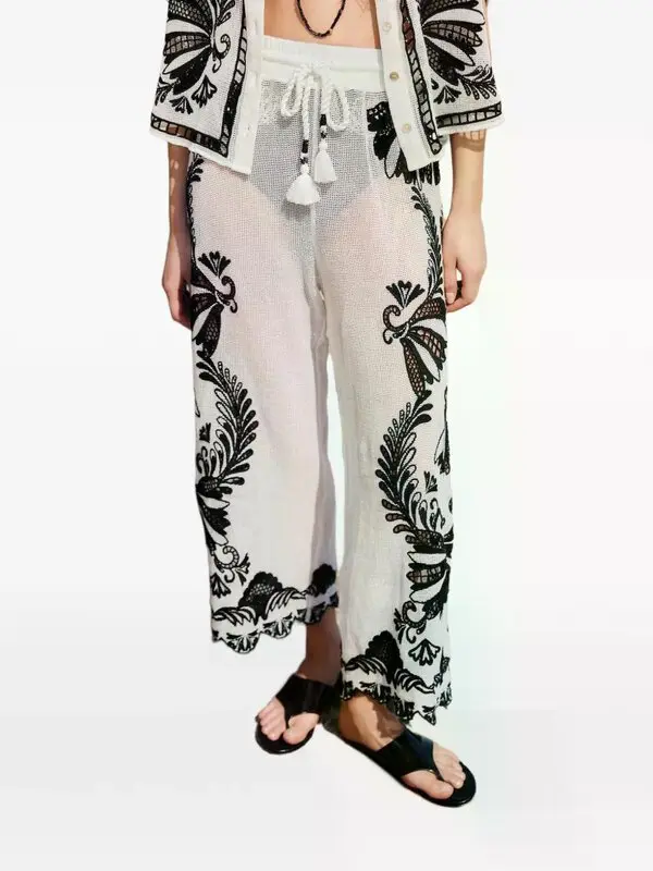 Farm Rio Floral Embroidered Drawstring Trousers - White