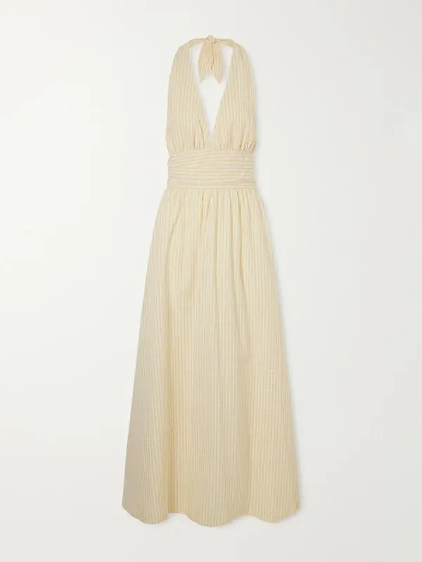 Faithfull The Brand Lido Gathered Checked Halterneck Maxi Dress - Yellow