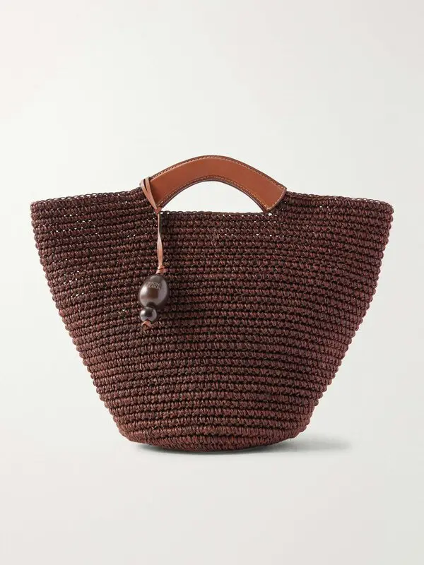 HUNTING SEASON Large Leather-trimmed Raffia Shopper Tote - Dark Brown
