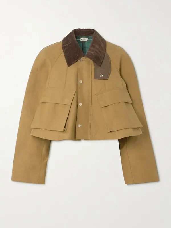 JW Anderson Cropped Corduroy-trimmed Waxed-cotton Jacket - Neutrals