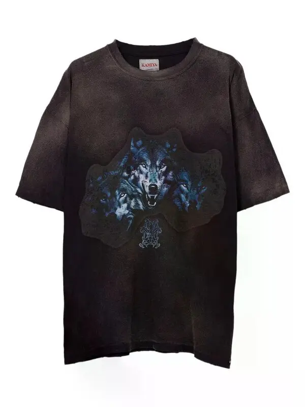 KAMIYA Wolf-print Distressed T-shirt - Black