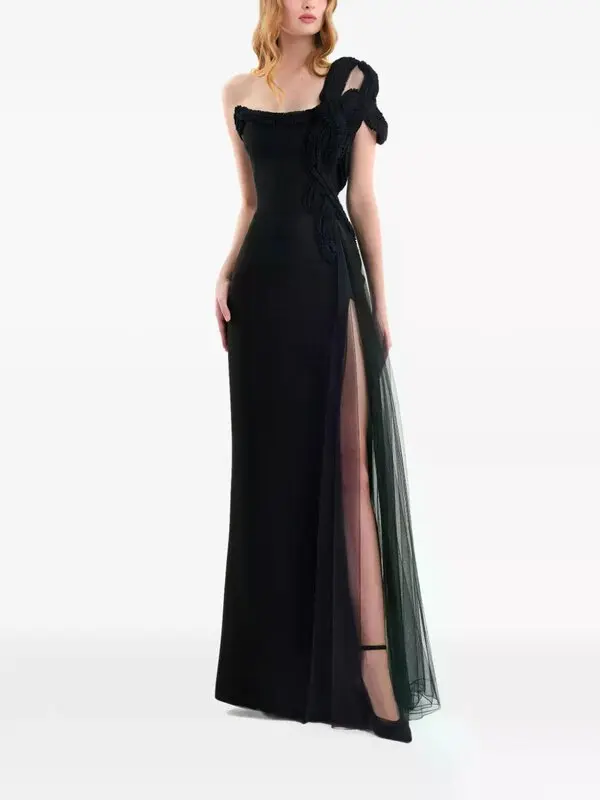 GEMY MAALOUF One-shoulder Sculptural Embroidery Maxi Dress - Black